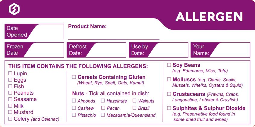 Allergen Storage labels 50mmx100mm displays all Major 14 allergens, (5